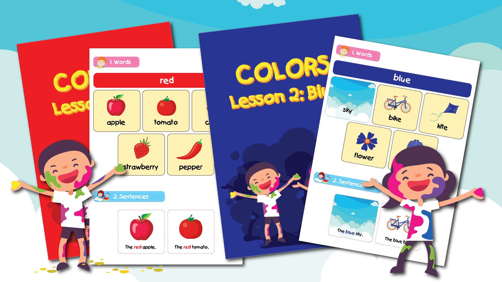 Worksheet 4 màu red - blue - green - yellow